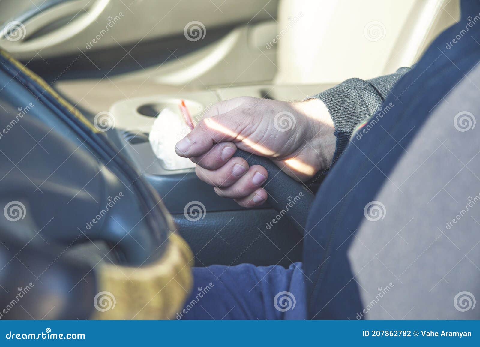 Man Driver Pulling the Hand Brake in Car Stock Photo - Image of pull ...