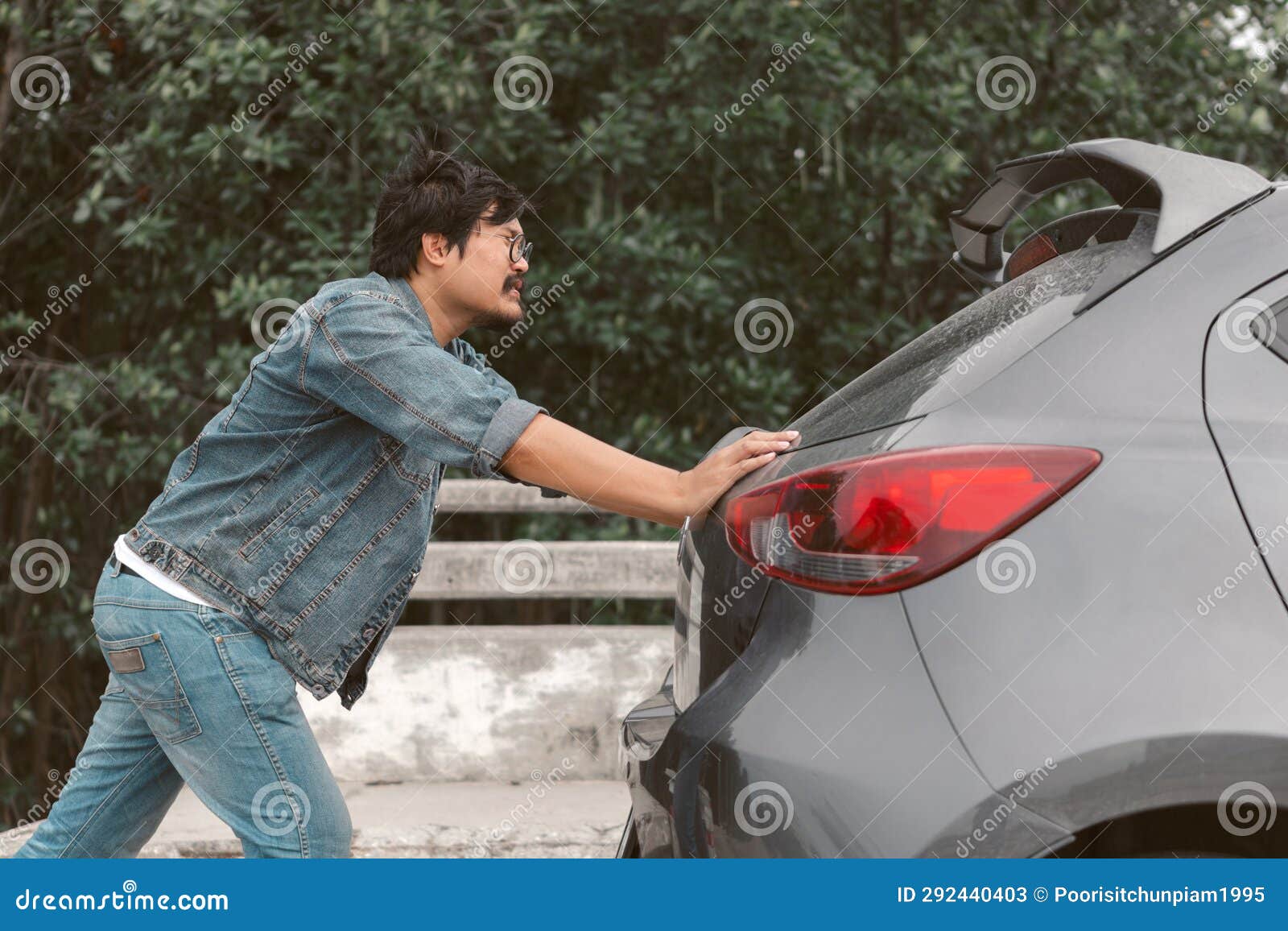 Man Driver is Pushing His Car after Car Breakdown. Stock Image - Image ...