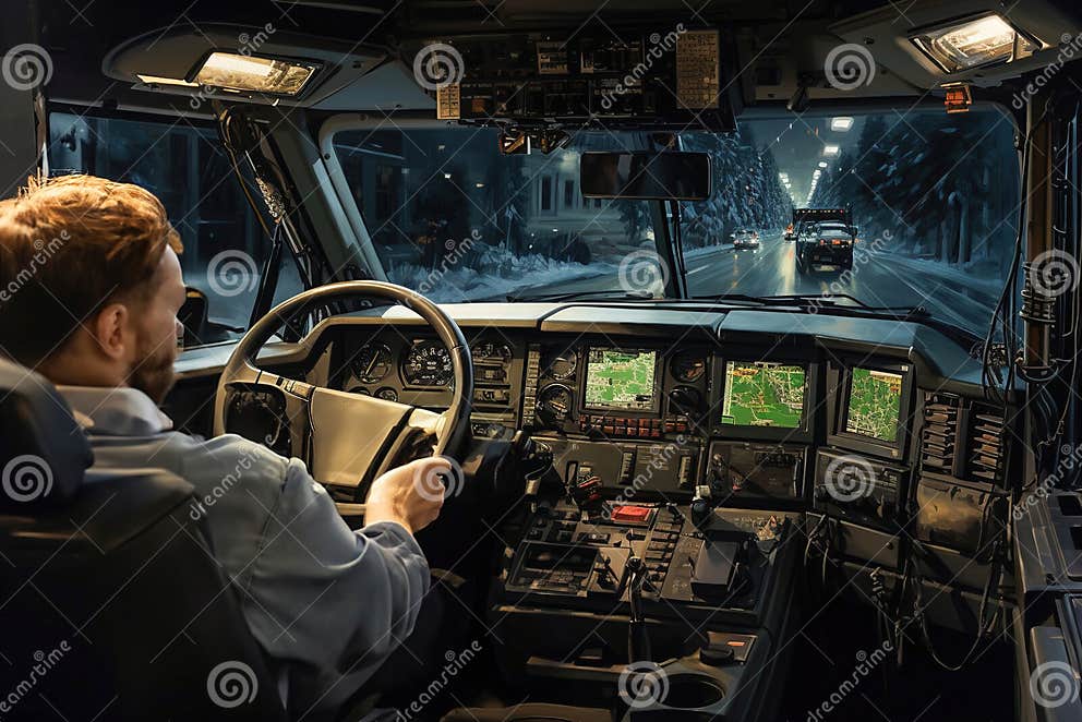 A Man Driver is Sitting in the Truck Cab. Front View from Inside Stock ...