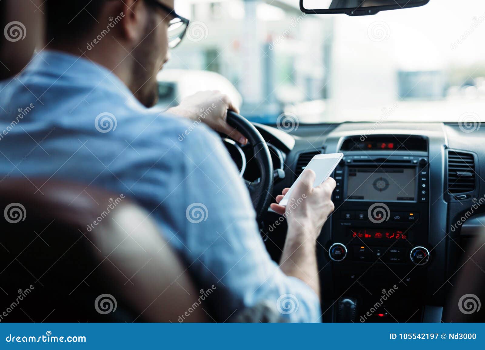 Man Driver Using Smart Phone on Road in Car Stock Image - Image of ...