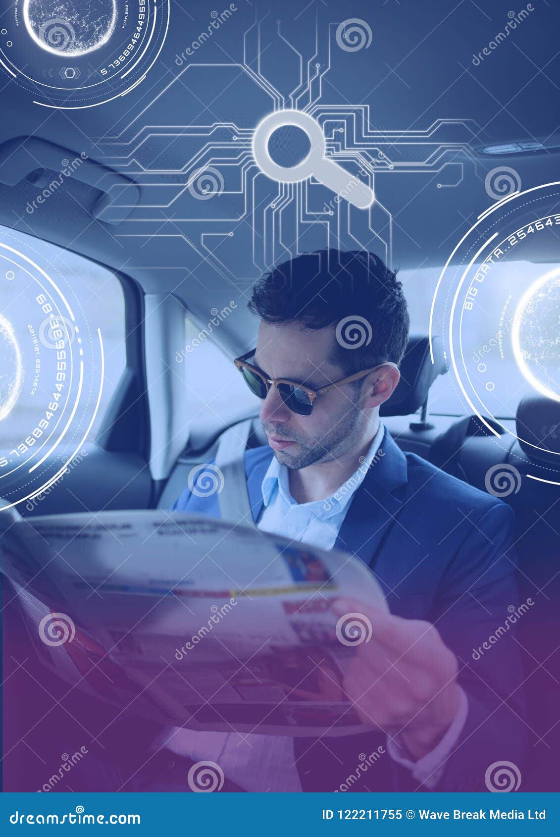 Man in Driverless Autonomous Car with Heads Up Display Interface and ...