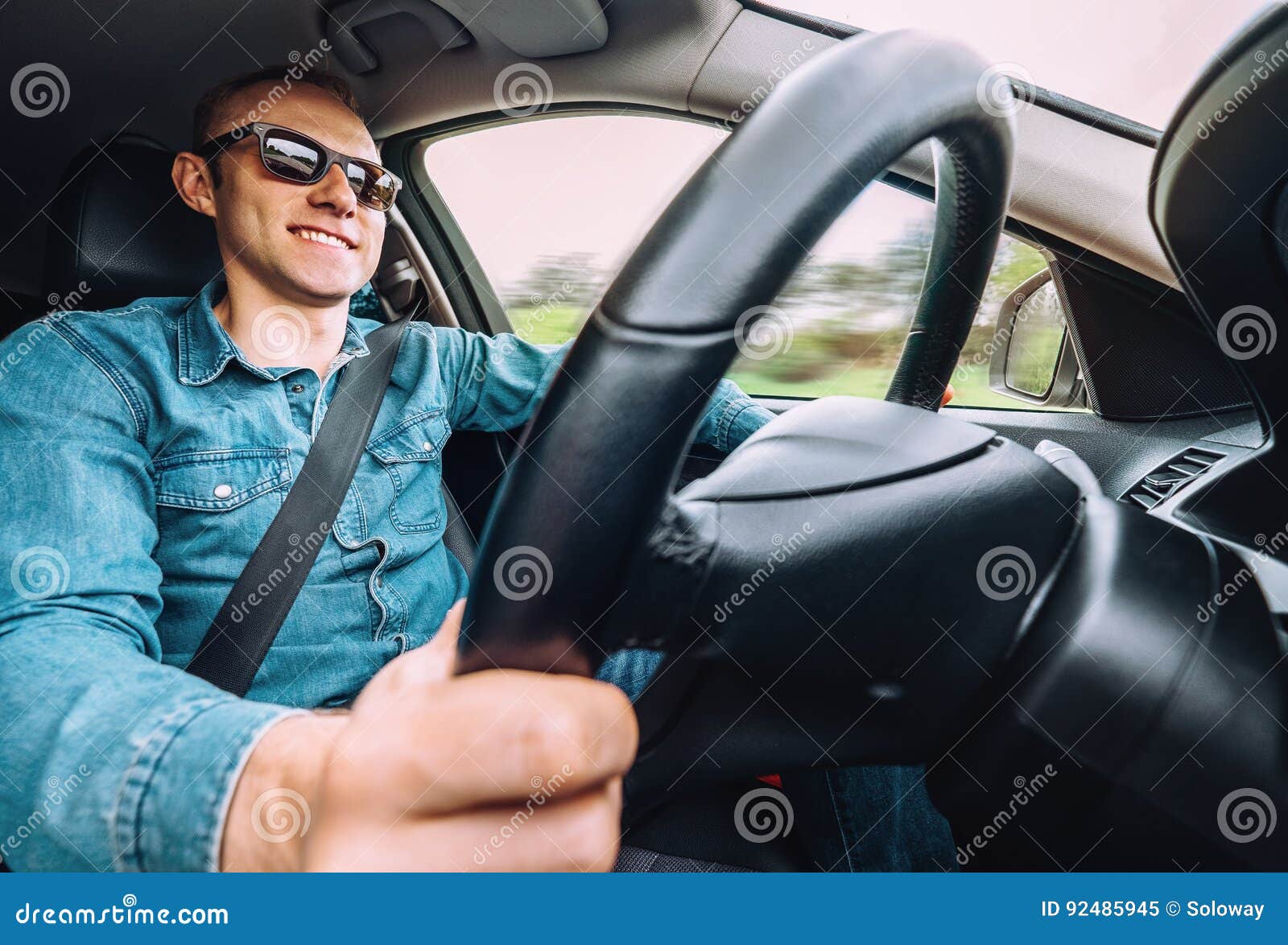 Man Drives a Car - Inside Wide Angle View Stock Image - Image of rent ...