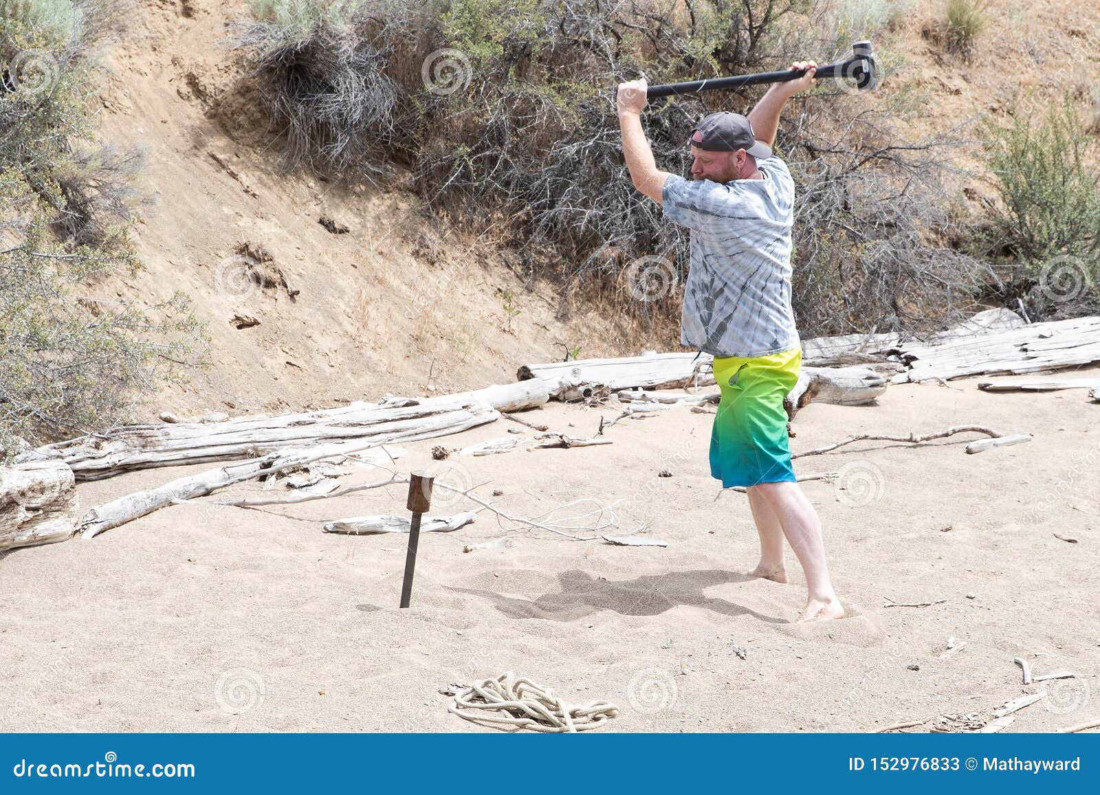 A Man Drives a Metal Stake into the Sandy Beach with a Sledge Hammer ...