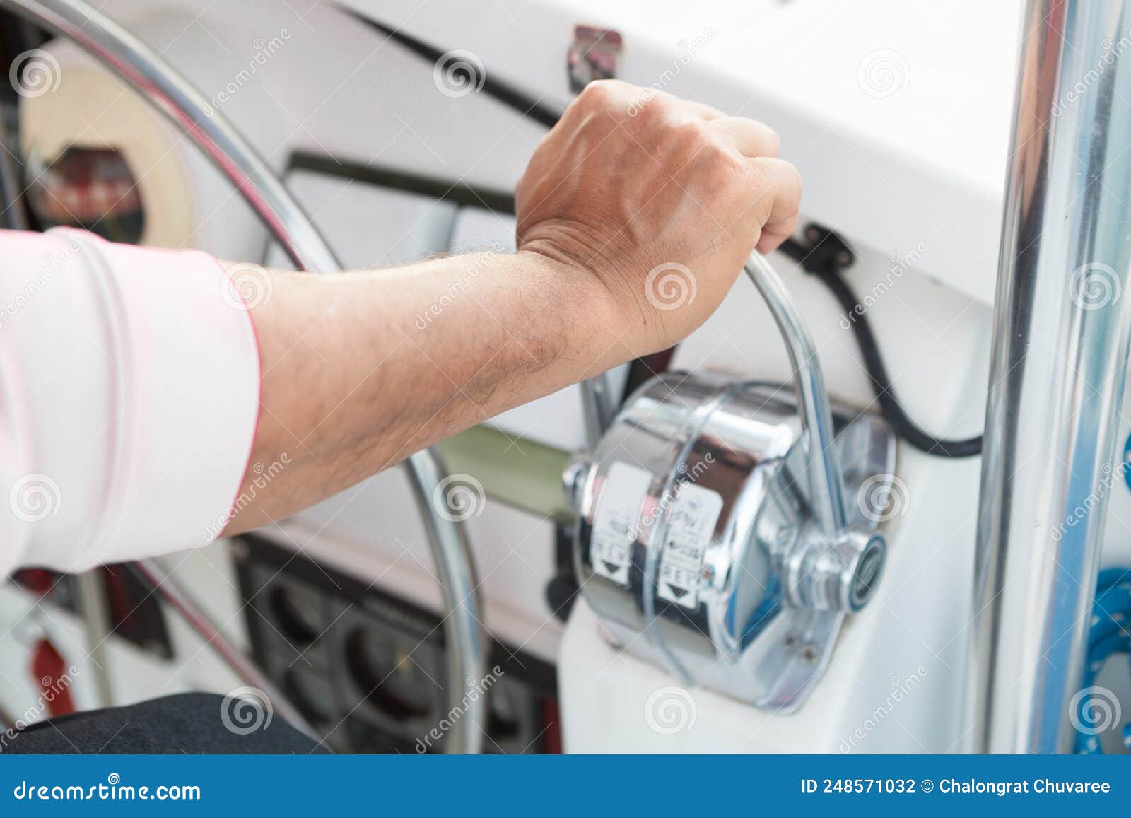 Man Driving a Boat. Man`s Hand Controlling the Accelerator of a Boat ...