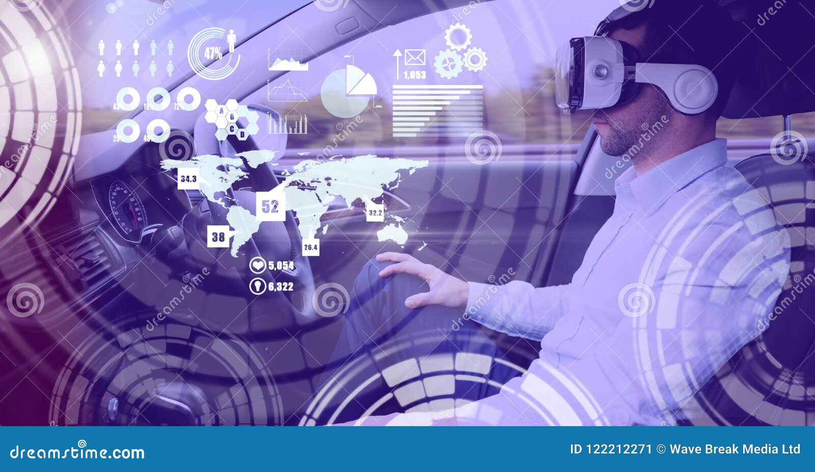 Man Driving in Car with Heads Up Display Interface and Virtual Reality ...