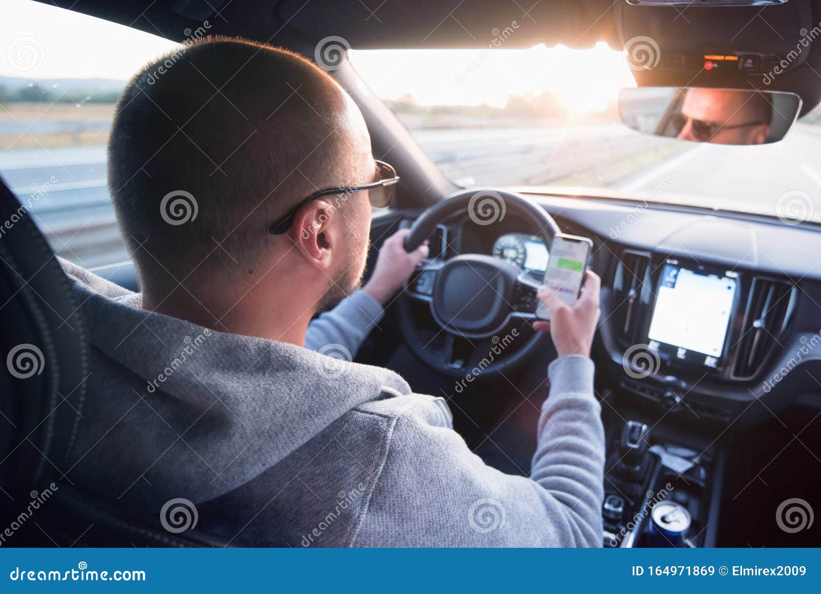 Man Driving Car Using Mobile Phone Texting Message or Calling..Driver ...