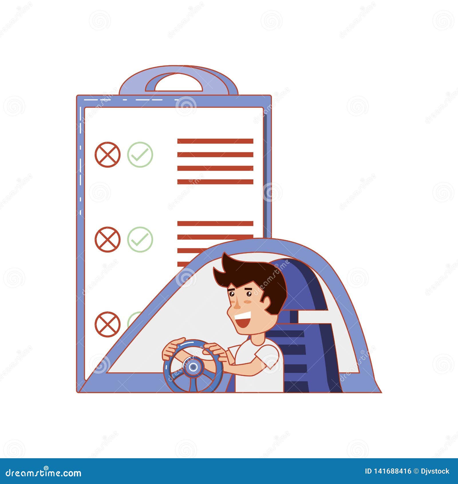Man Driving Cart With Traffic Light And Checklist Vector Illustration ...