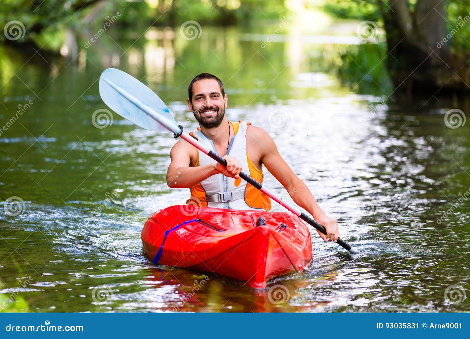 Man Driving with Kayak on Forest River Stock Image - Image of leisure ...