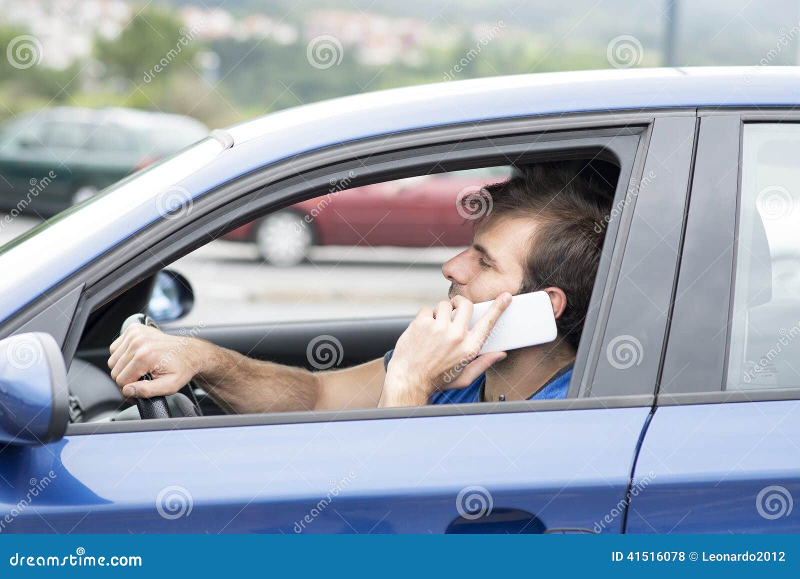 Man Driving and Talking by Smart Phone, Dangerous Concept. Stock Photo ...