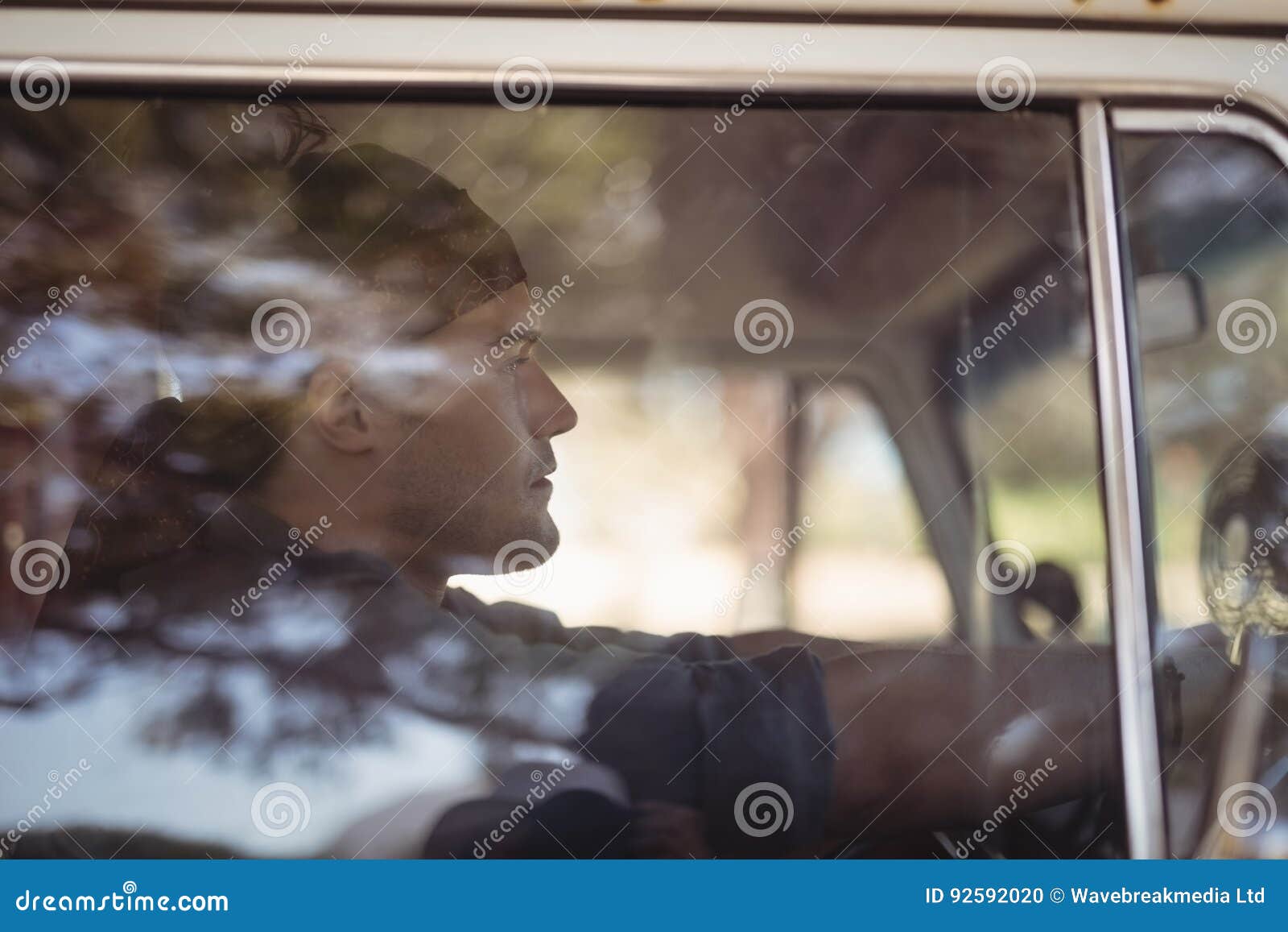 Man Driving Van Seen through Window Stock Photo - Image of journey ...