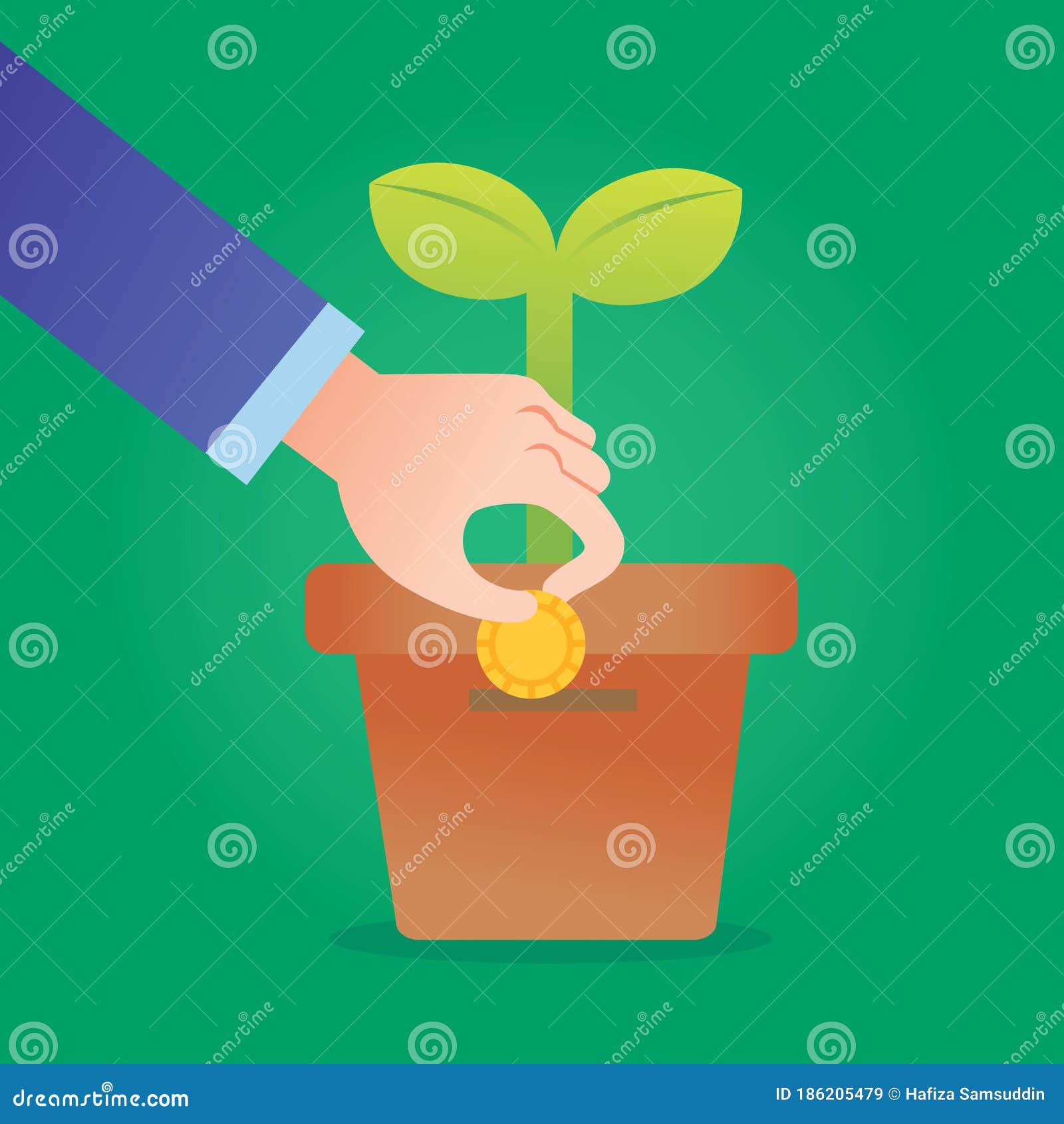Man Dropping Coin into Flower Pot. Vector Illustration Decorative ...