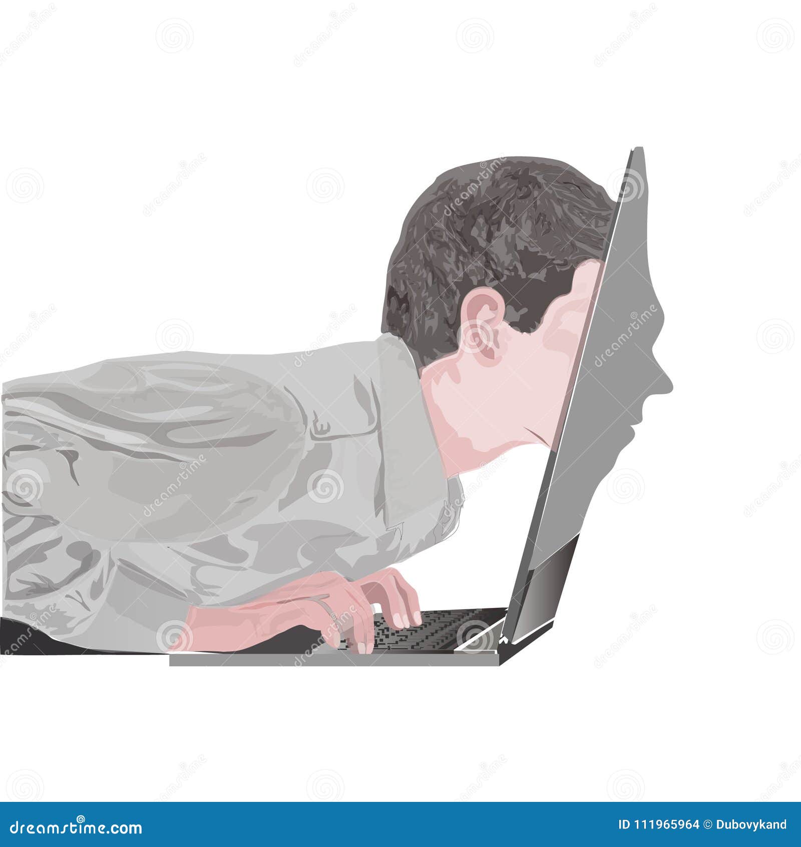 Man Focused at Laptop Screen and Drowned in it. Vector Illustration ...