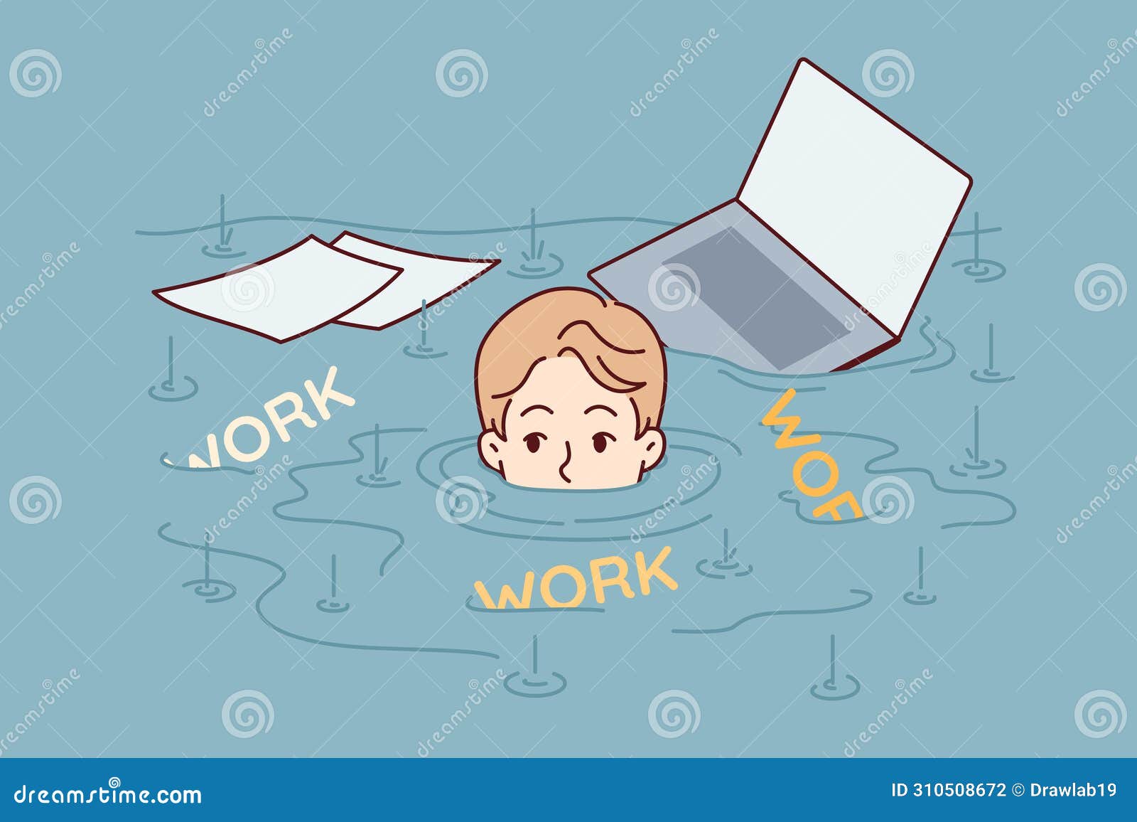 Man Drowning in Work with Documents and Laptop, Needing Time Management ...