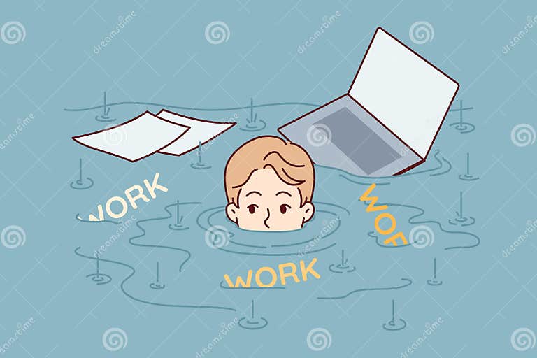 Man Drowning in Work with Documents and Laptop, Needing Time Management ...