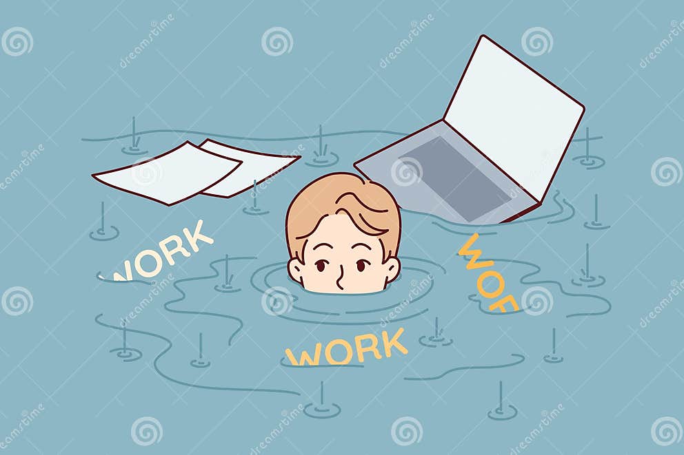 Man Drowning in Work with Documents and Laptop, Needing Time Management ...