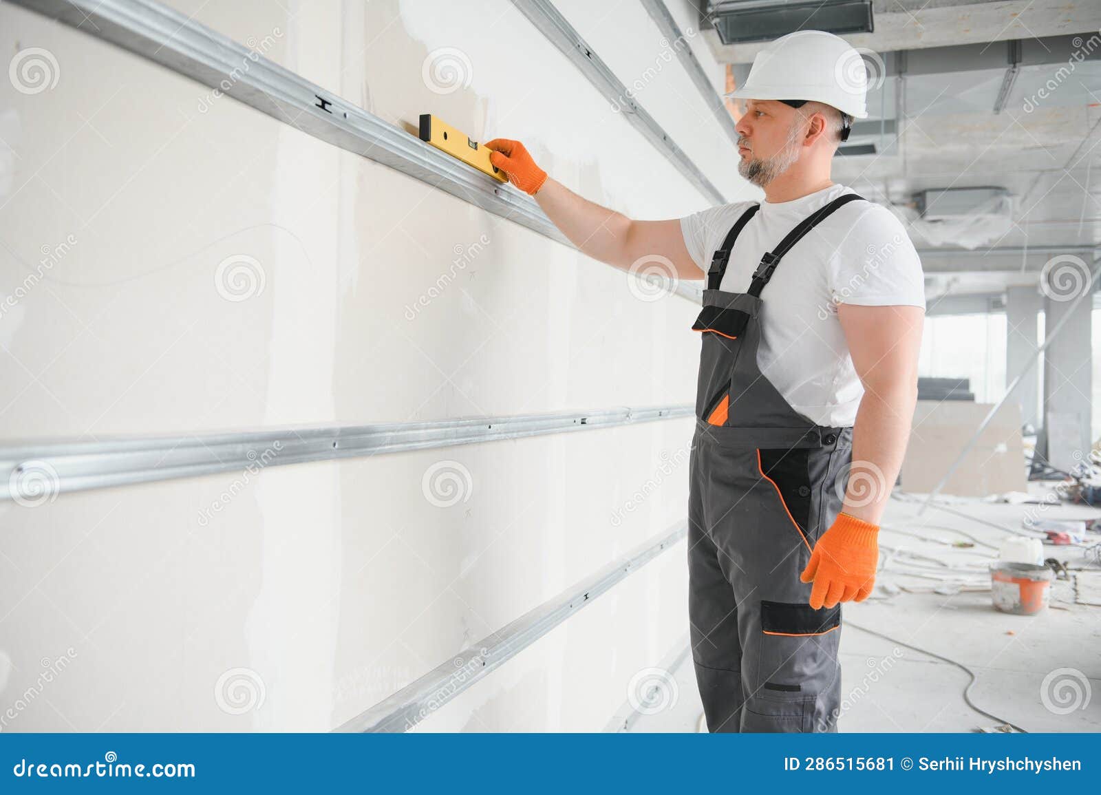 Man Drywall Worker Installing Plasterboard Sheet To Wall Stock Image ...