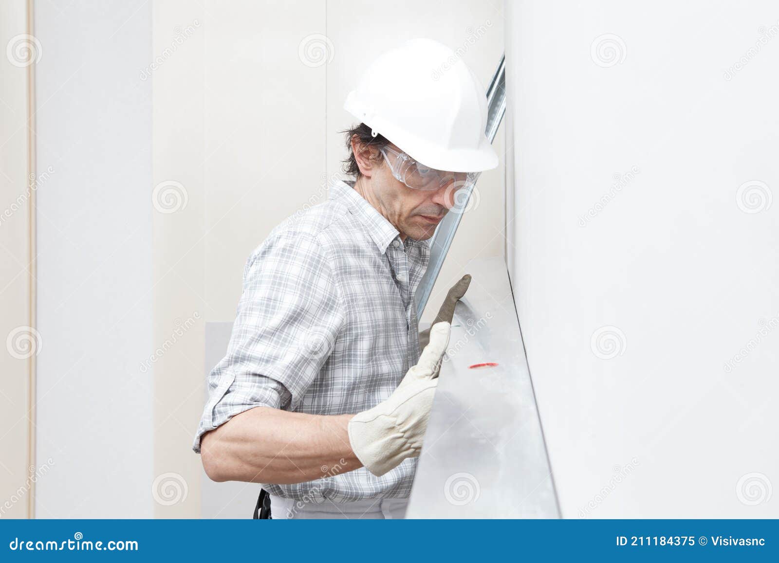 Man Drywall Worker Or Plasterer Checking Level Of White Plasterboard ...