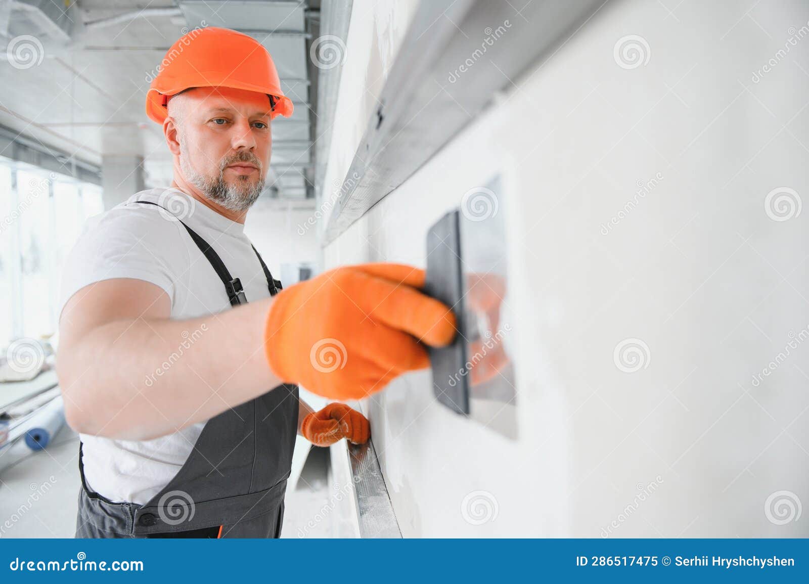 Man Drywall Worker Using Trowel for Plasterer Putting Stucco on ...