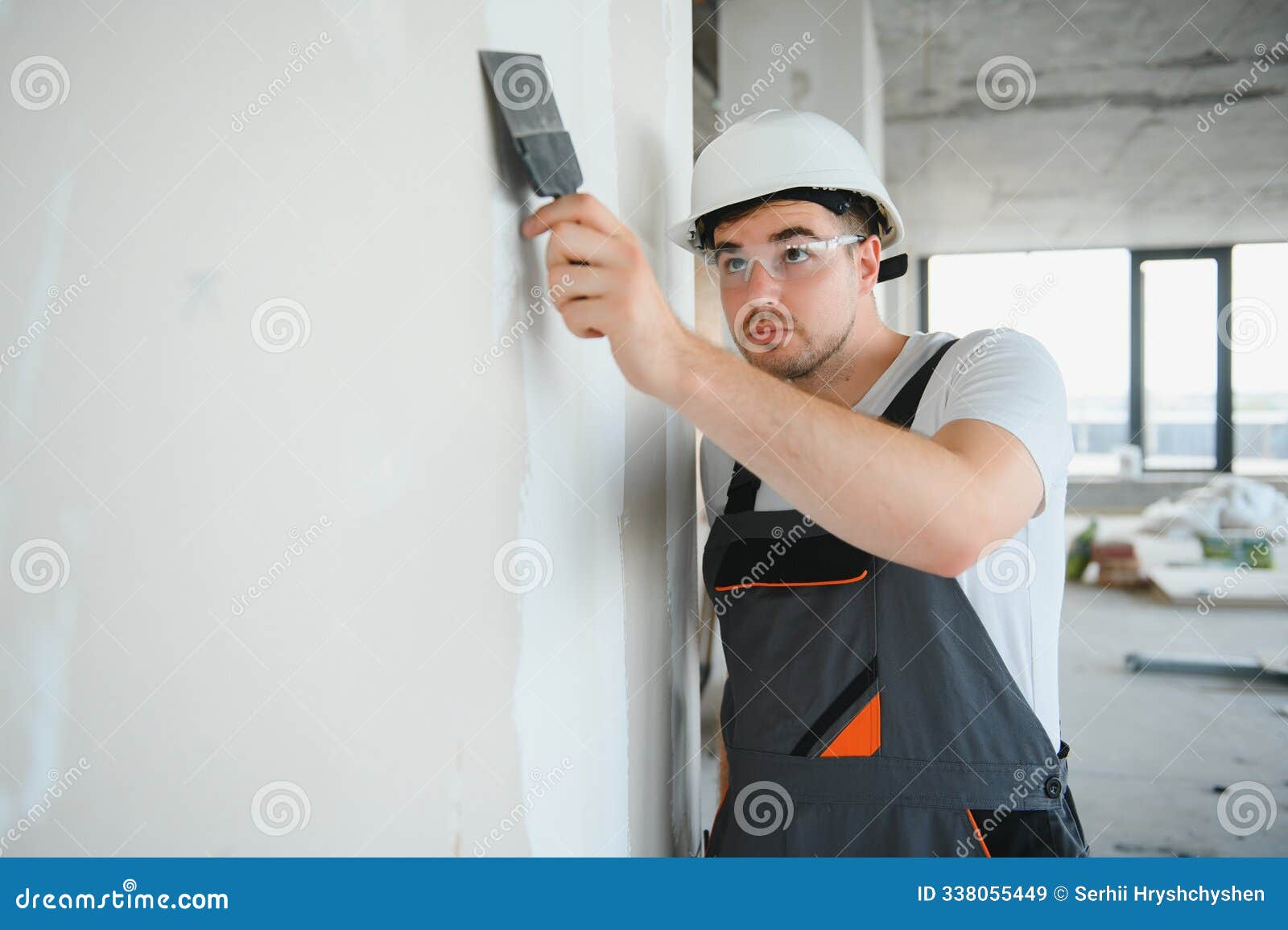 Man Drywall Worker Using Trowel for Plasterer Putting Stucco on ...