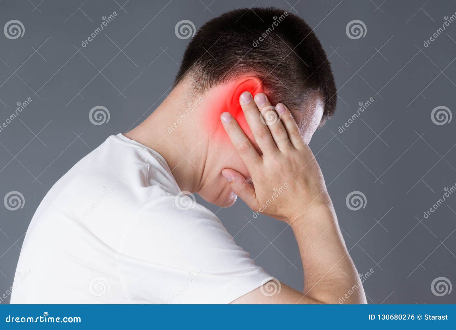 Man with Earache, Ear Pain on Gray Background Stock Photo - Image of ...