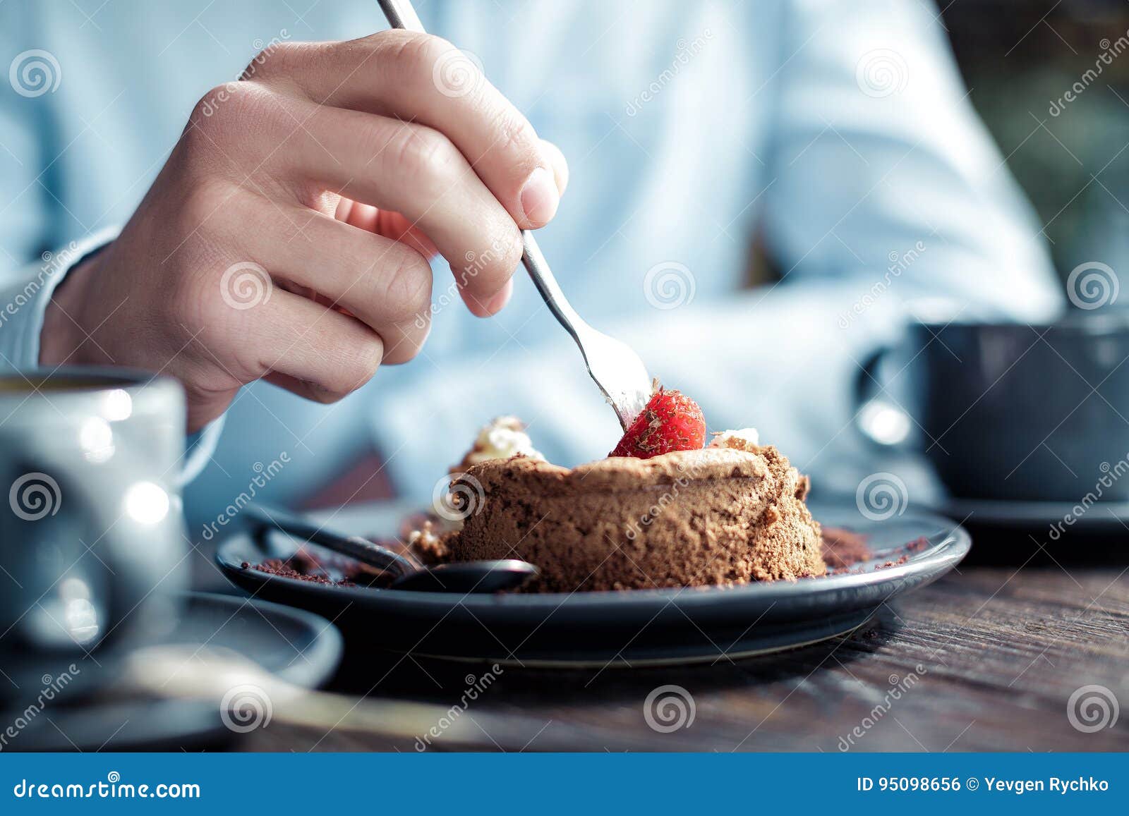 Man Eating Cake with Strawberries in Cafe, Close-up Stock Photo - Image ...