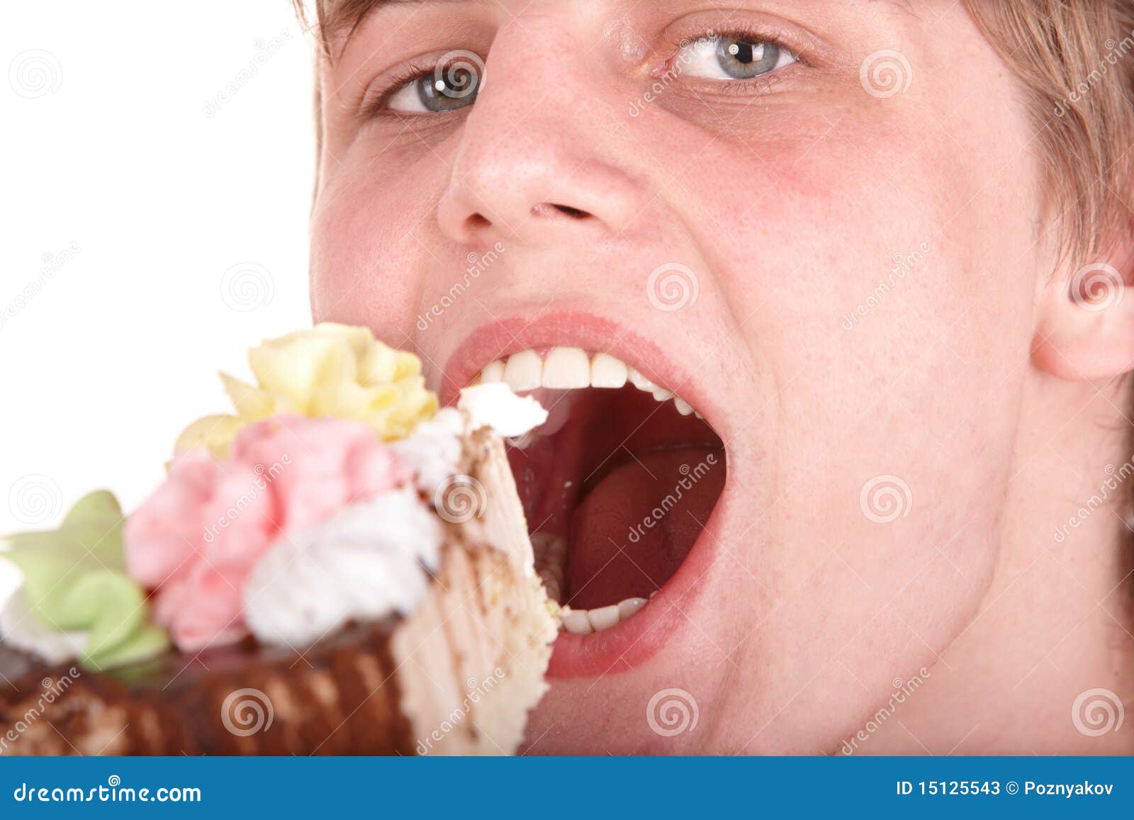 Man eating chocolate cake. stock image. Image of smile - 15125543