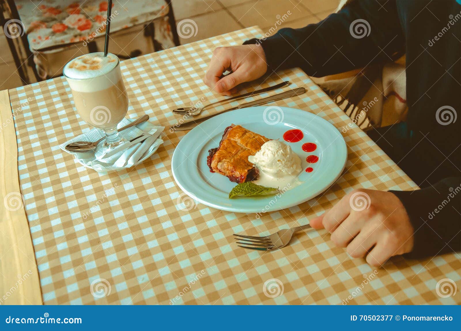 Man eating dessert stock image. Image of cream, plate - 70502377