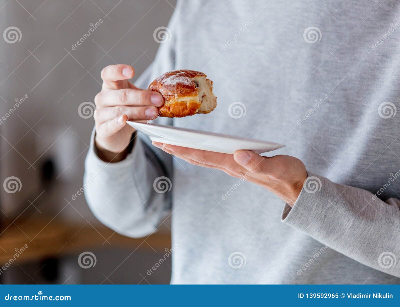 Man Eating Donut on Breakfast at Kitchen Stock Image - Image of closeup ...
