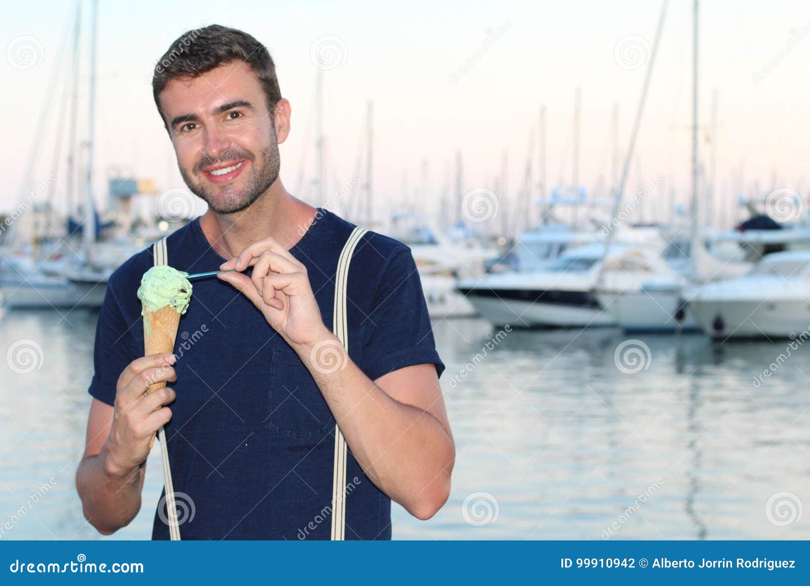 Man Eating an Ice Cream with a Spoon Stock Photo - Image of people ...