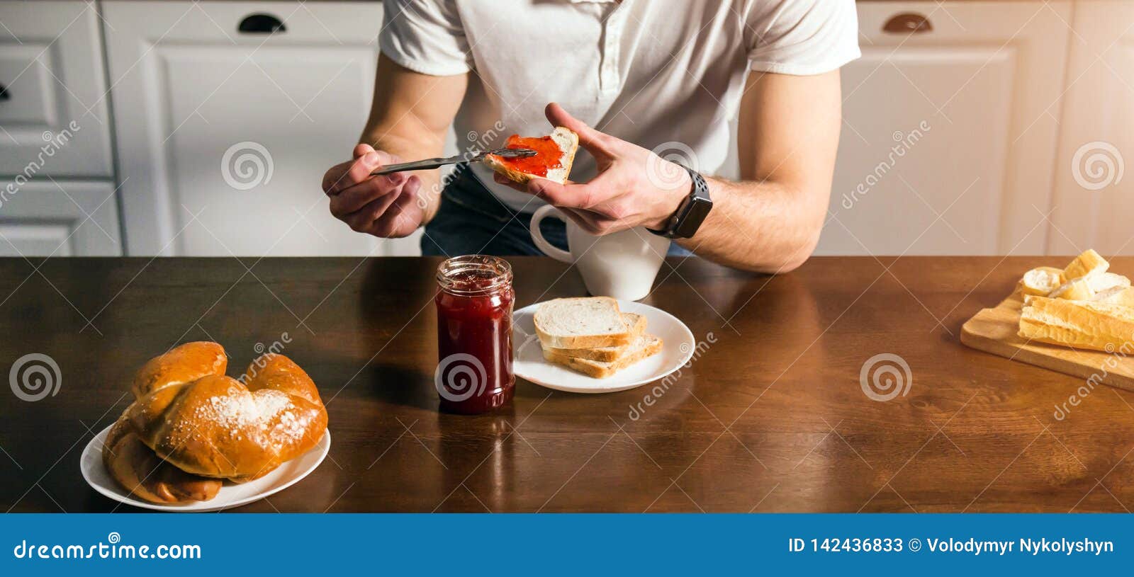 Man Eating Jam Tosts stock image. Image of coffee, dessert - 142436833