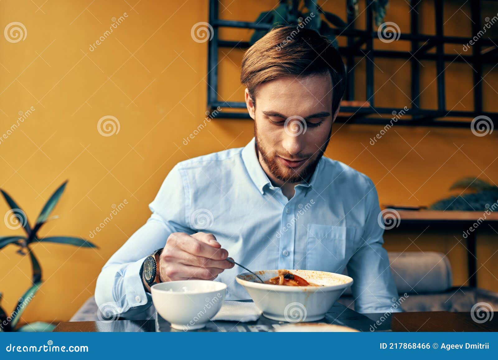 Man Eating Lunch at Cafe Table Break at Work and Interior Stock Photo ...