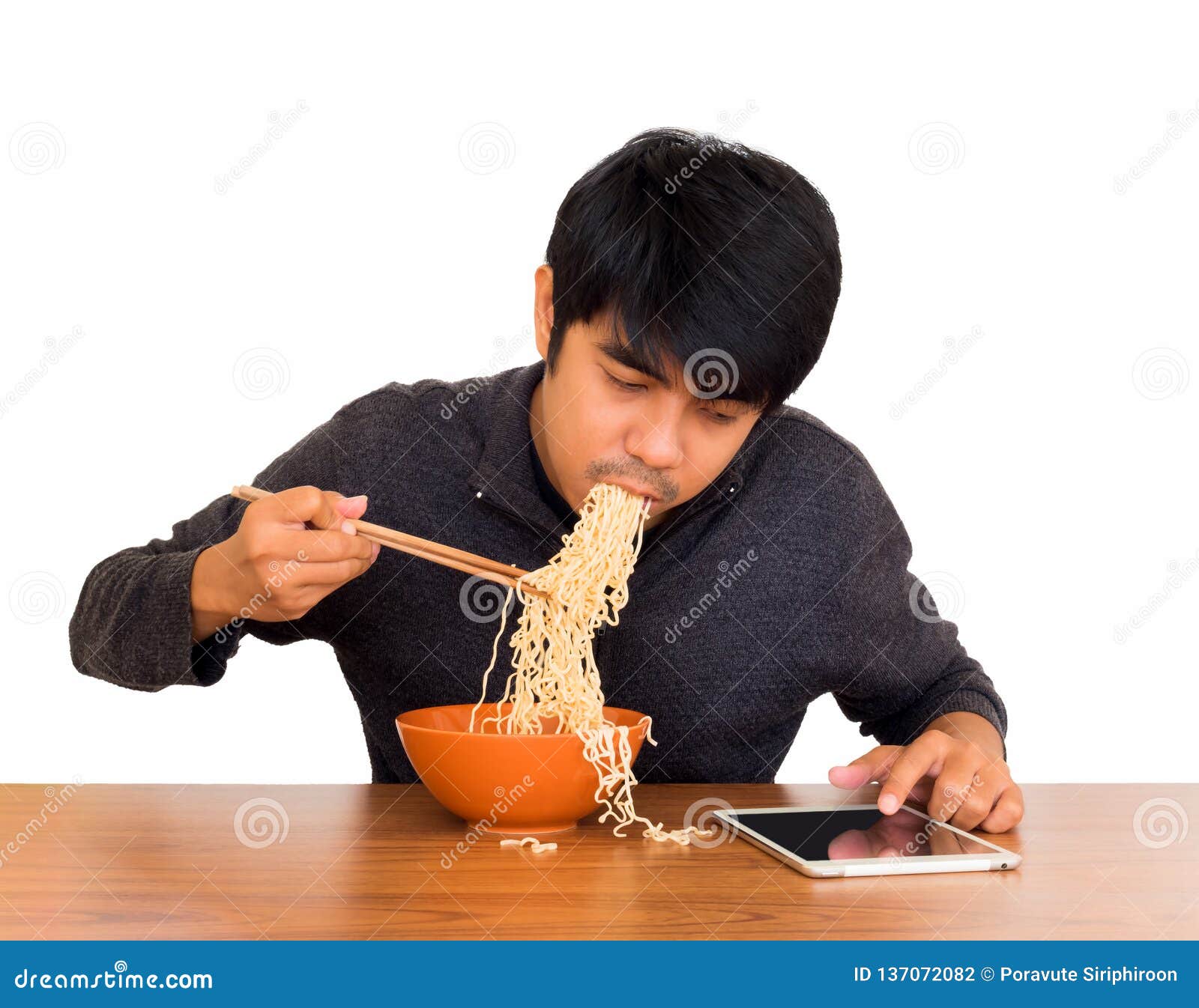 Man Eating Noodle and Using Tablet Isolate Stock Photo - Image of food ...