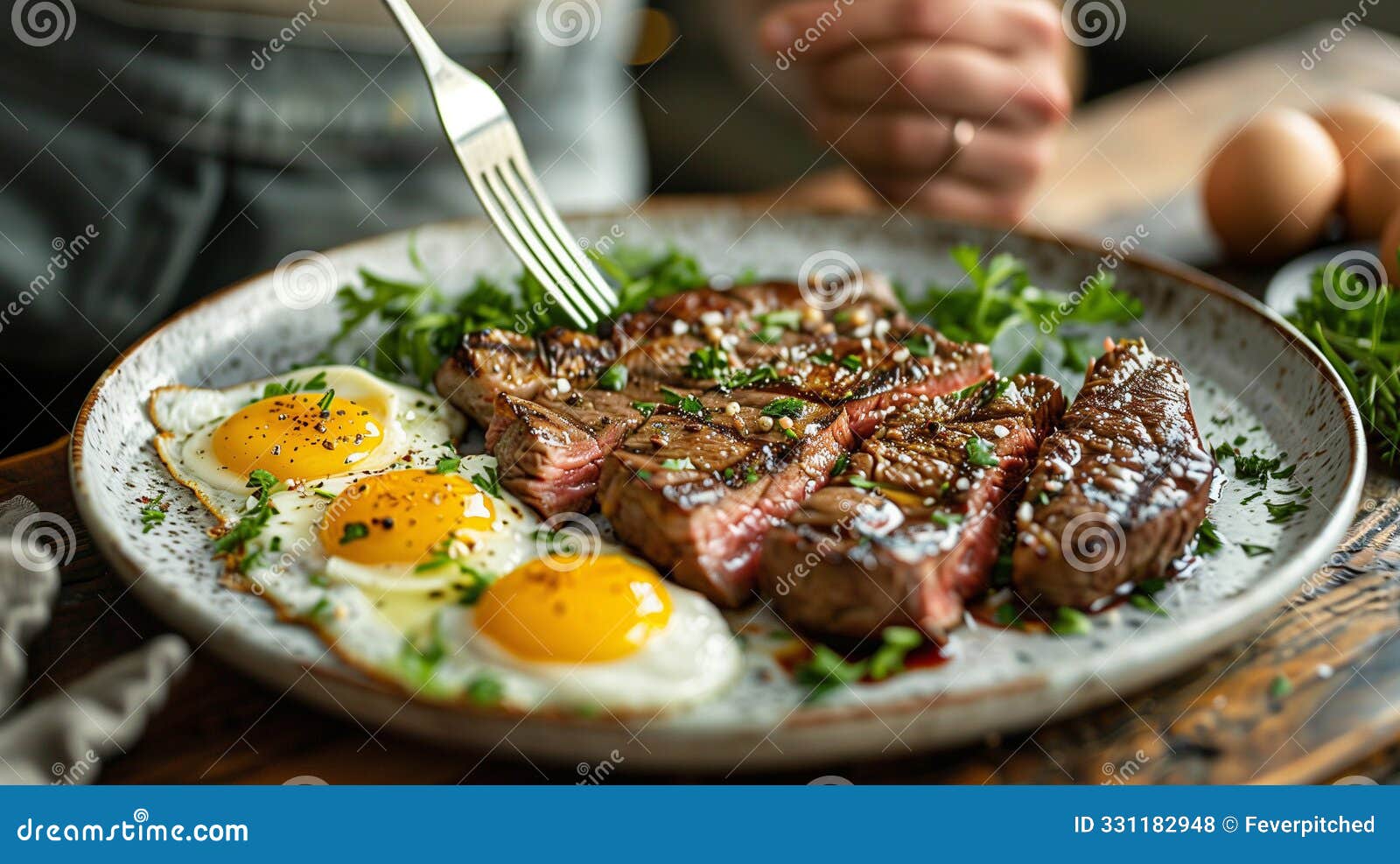 Person Eating a Plate Filled with Steak and Eggs. Generative AI Stock ...