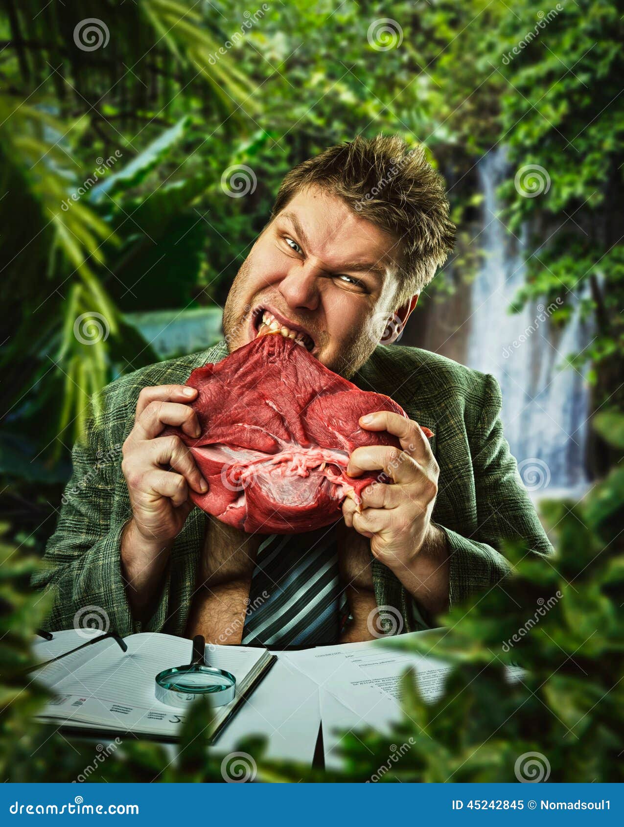 Man is Eating Red Fresh Meat Stock Image - Image of beef, hungry: 45242845