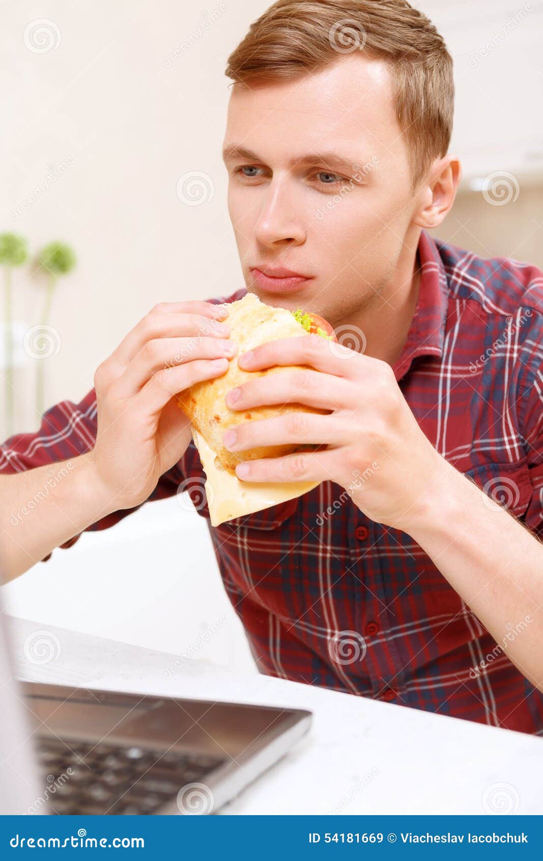 Man Eating Sandwich in Front of Computer Stock Image - Image of copy ...