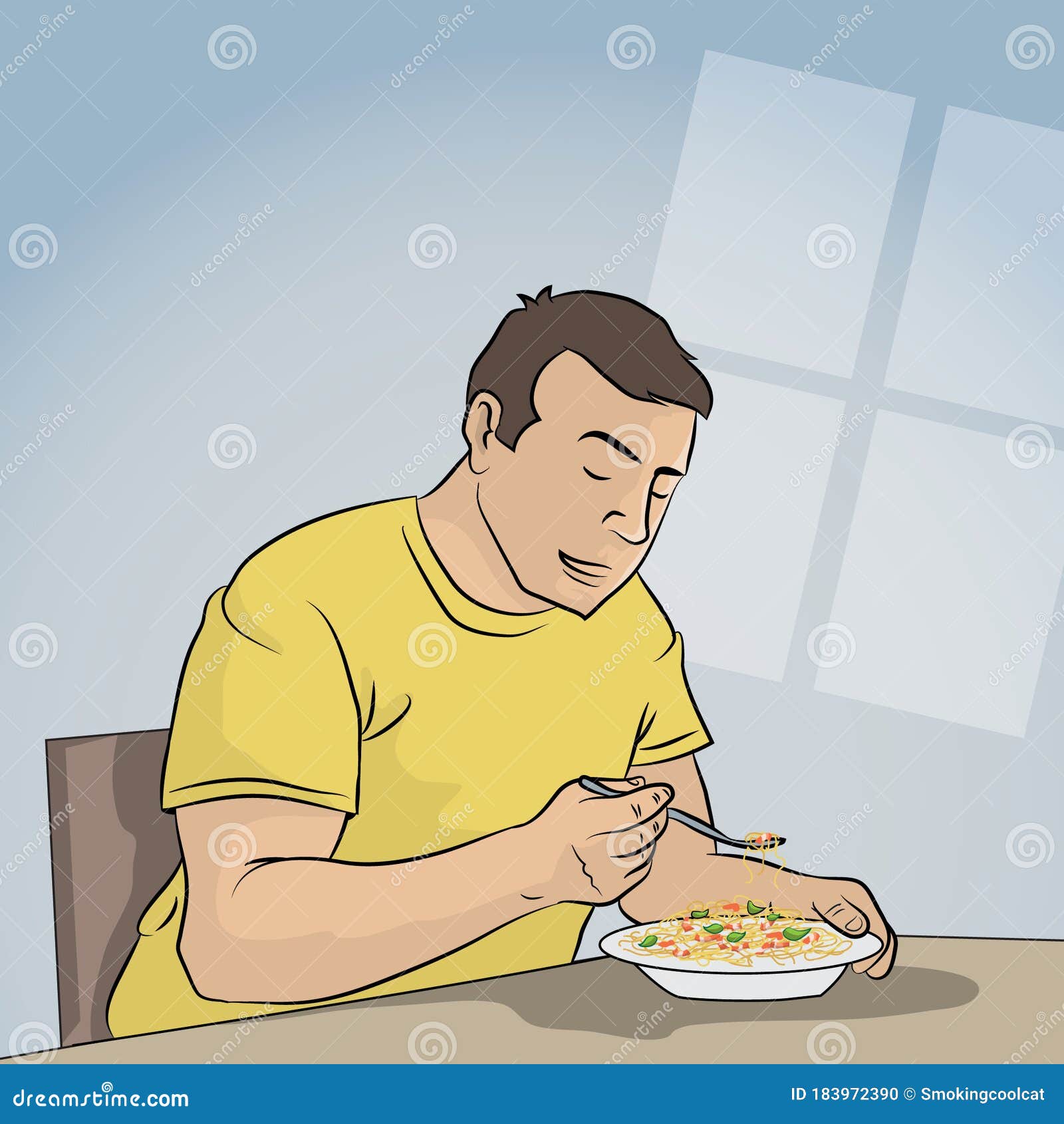 Man eating spaghetti stock illustration. Illustration of dinner - 183972390