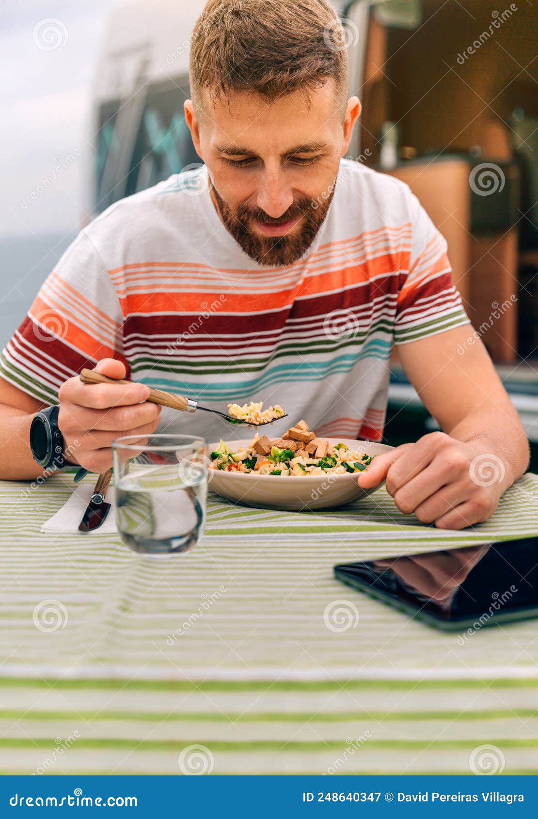 Man Eating Vegan Food Outdoors Stock Image - Image of fork, natural ...