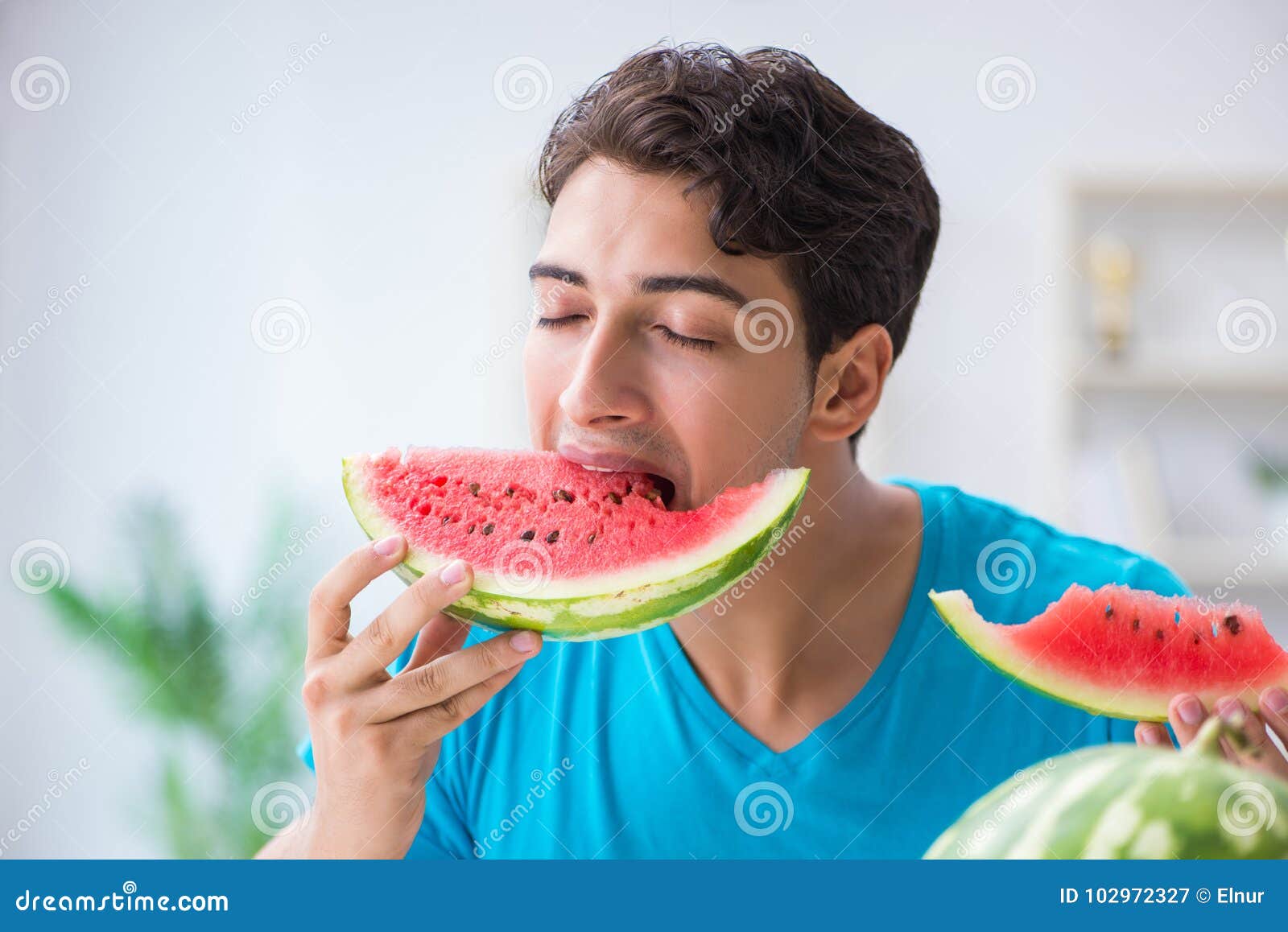 The Man Eating Watermelon at Home Stock Image - Image of melon, knife ...