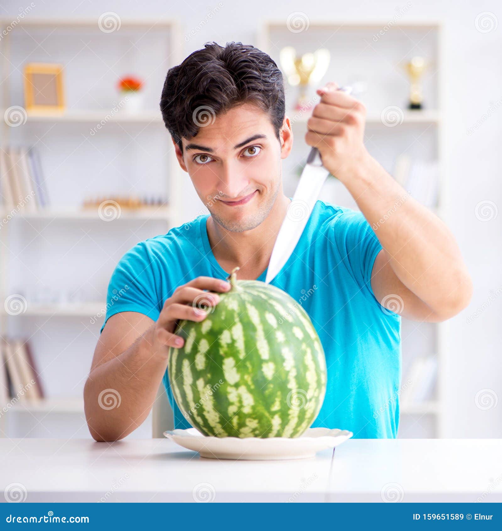 Man Eating Watermelon at Home Stock Image - Image of dieting, excited ...