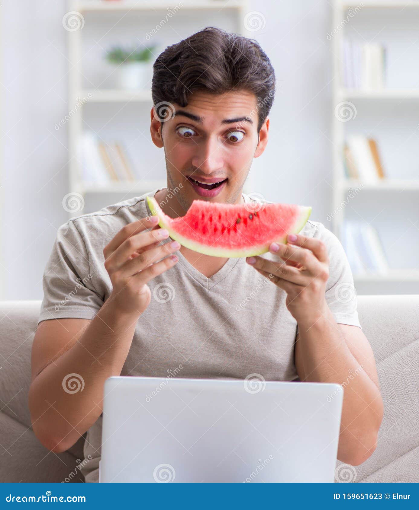 Man Eating Watermelon at Home Stock Image - Image of happy, dessert ...