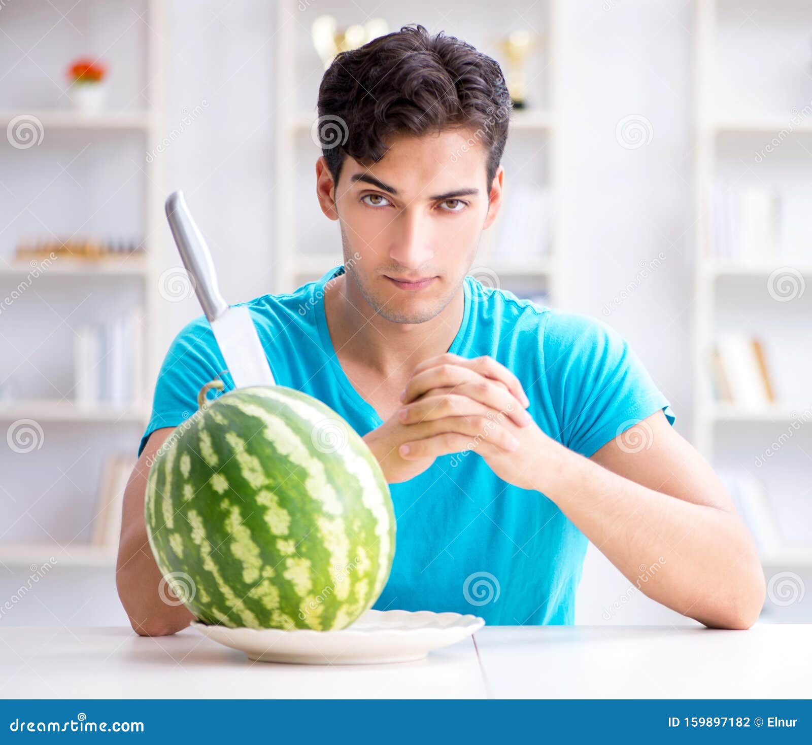 Man Eating Watermelon at Home Stock Photo - Image of cheerful, dessert ...