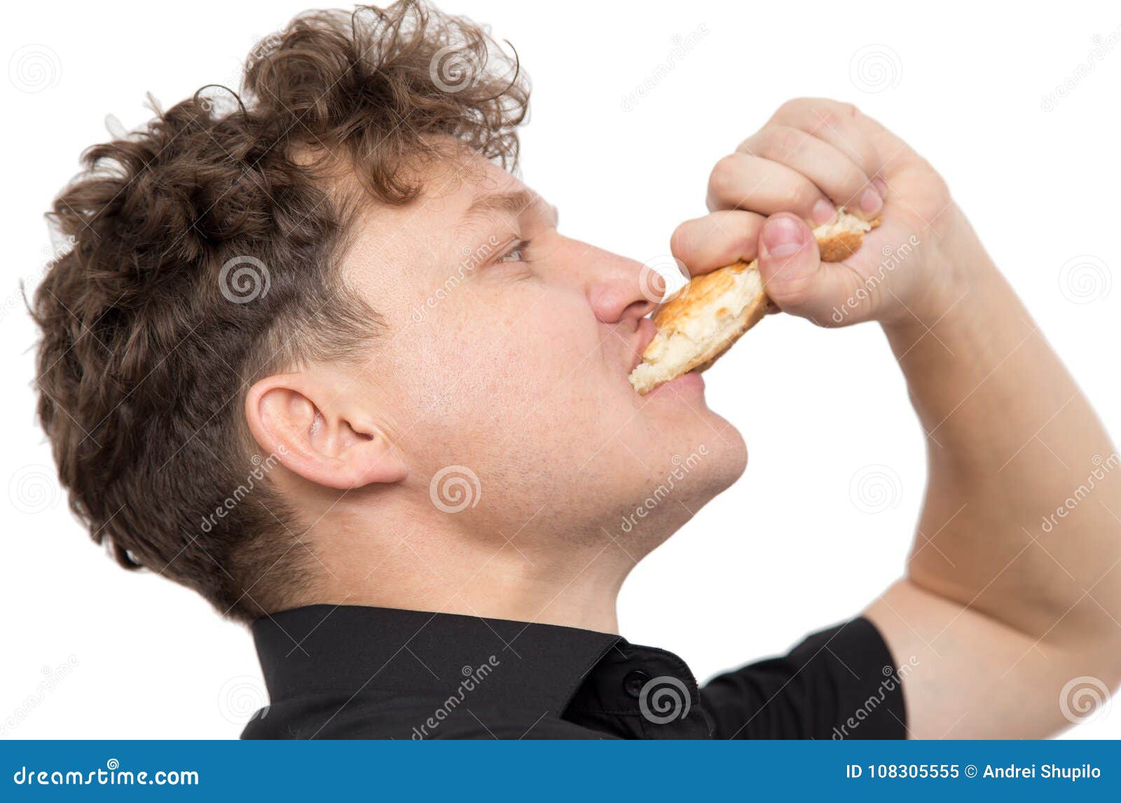 Man Eats Bread on a White Background Stock Image - Image of culture ...