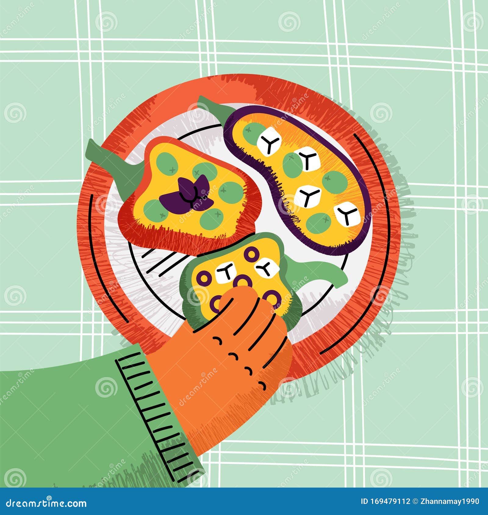 Man Eats Bright Appetizing Stuffed Peppers. Flat Cartoon Vector ...