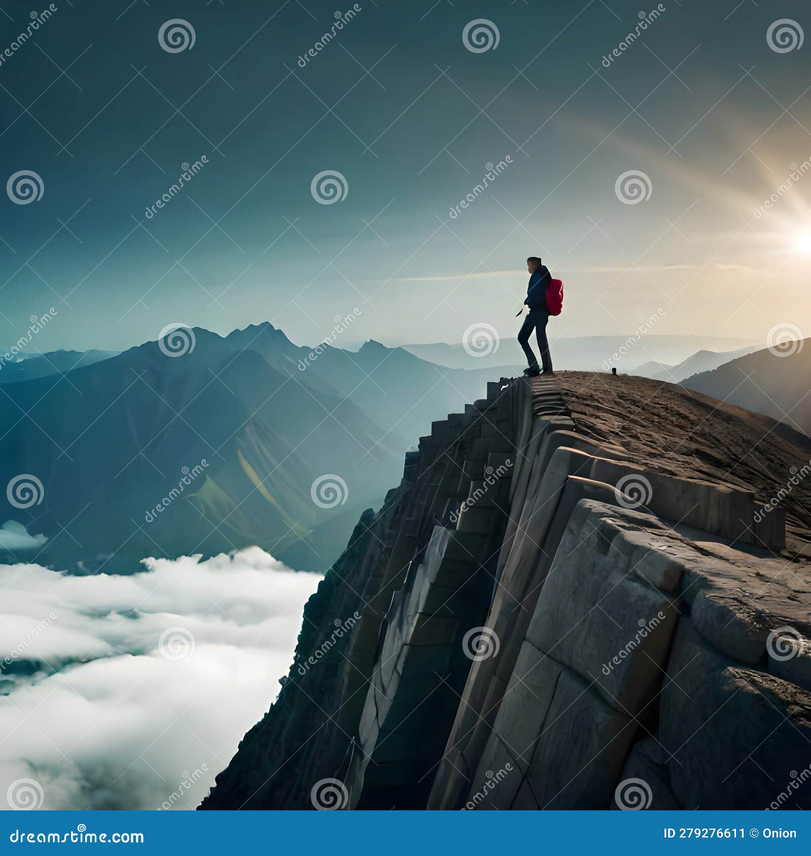 Man on the Edge of the Top of a Mountain - Ai Generated Image Stock ...