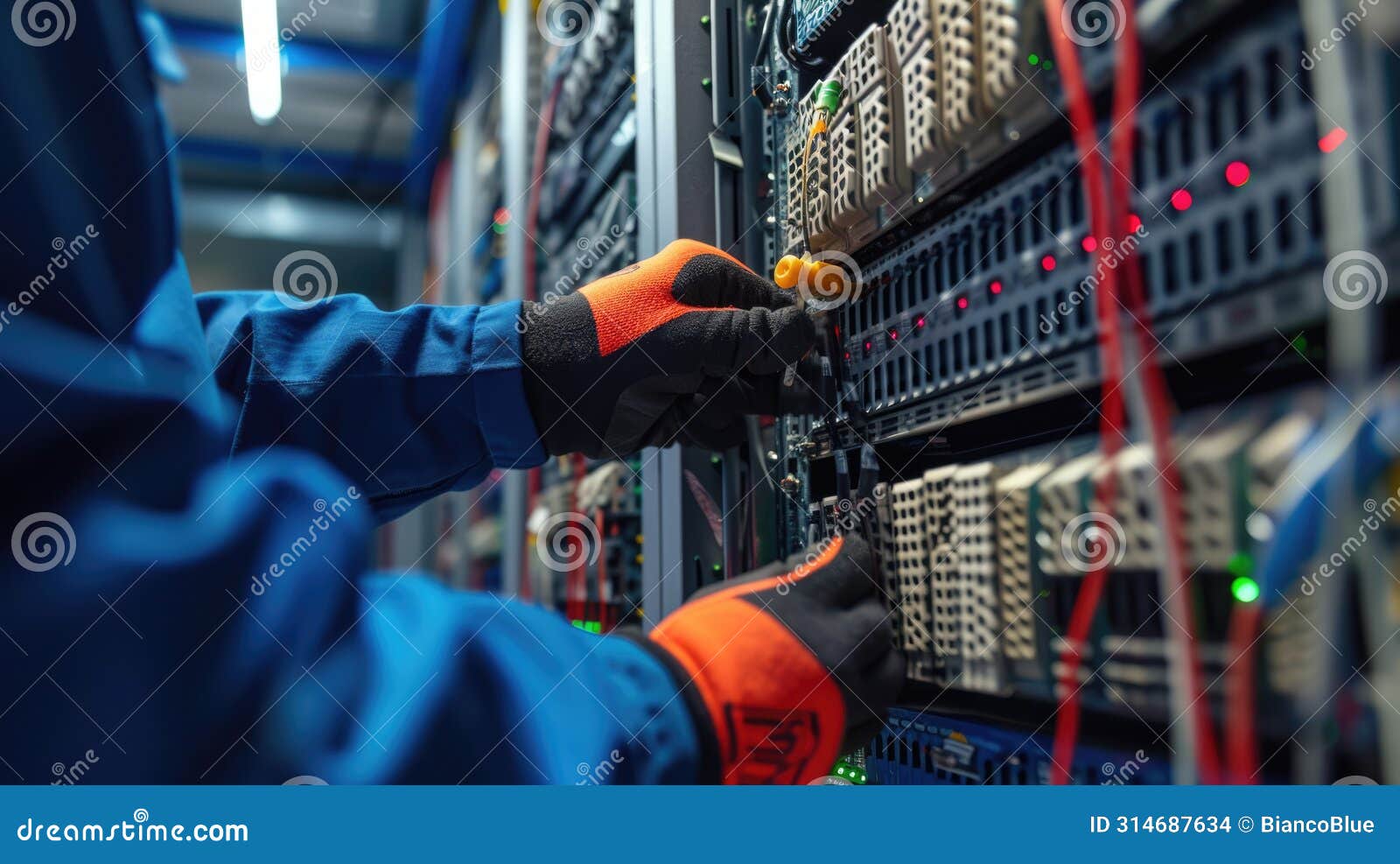 A Data Center Technician Handling Equipment with an Electric Blue Wrist ...
