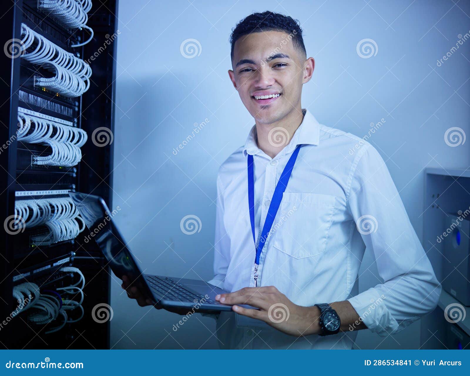 Man, Electrician and Computer in Server Room Inspection, Cybersecurity ...