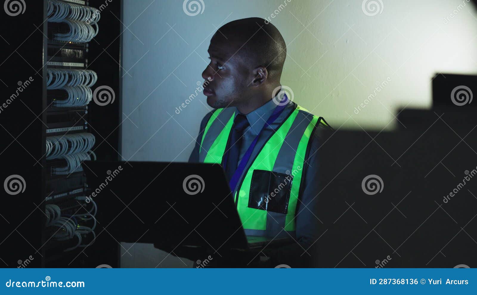 Man, Electrician and Computer in Server Room Inspection, Cybersecurity ...