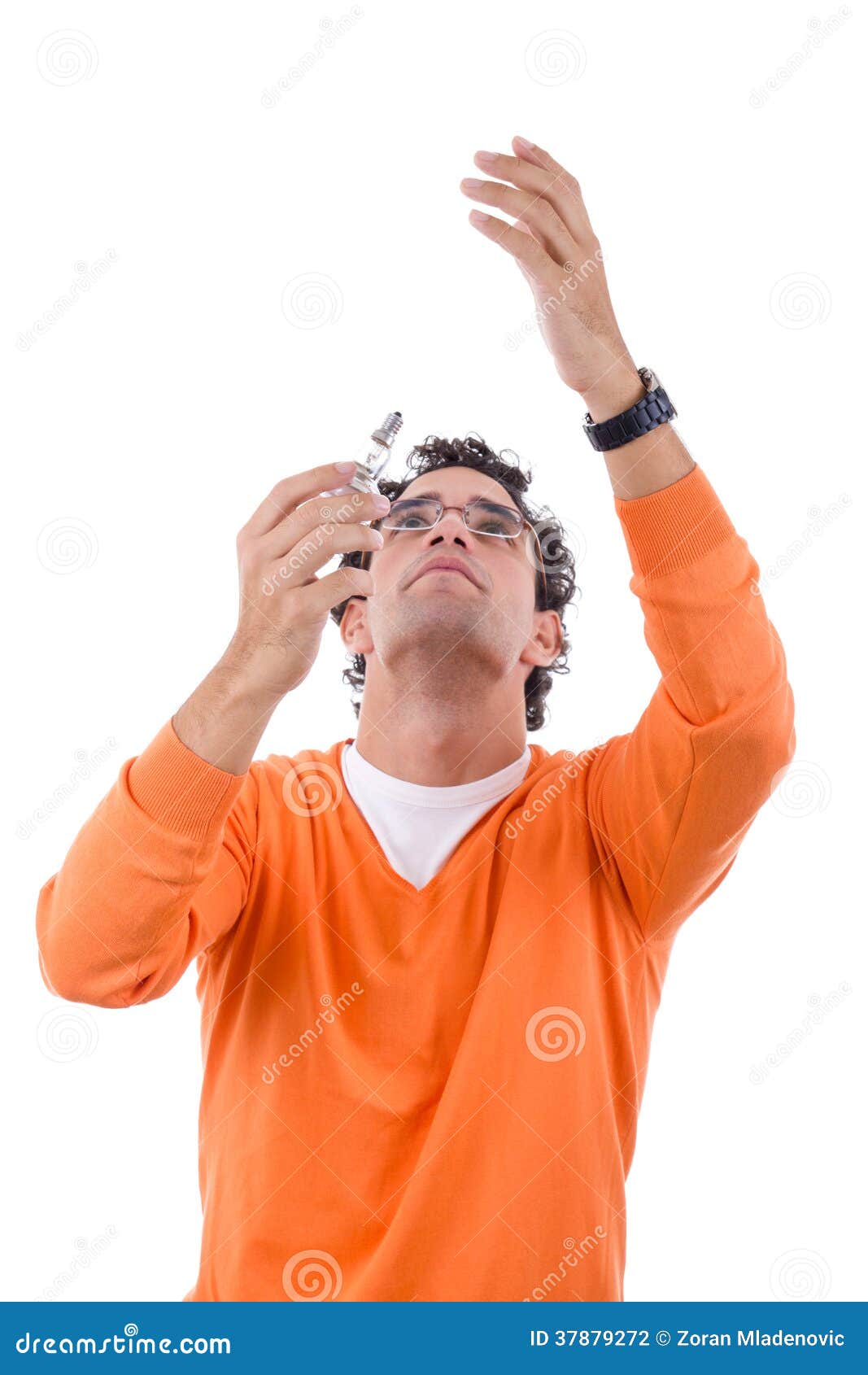 Man Electrician Placing Light Bulb Stock Photo - Image of genius ...