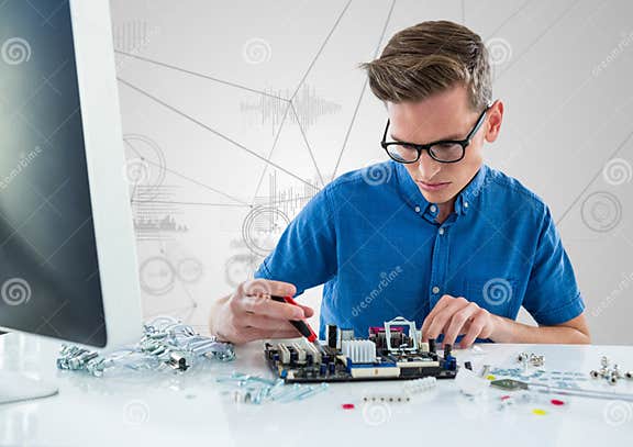 Man with Electronics Against White Background with Graphs Stock Image ...