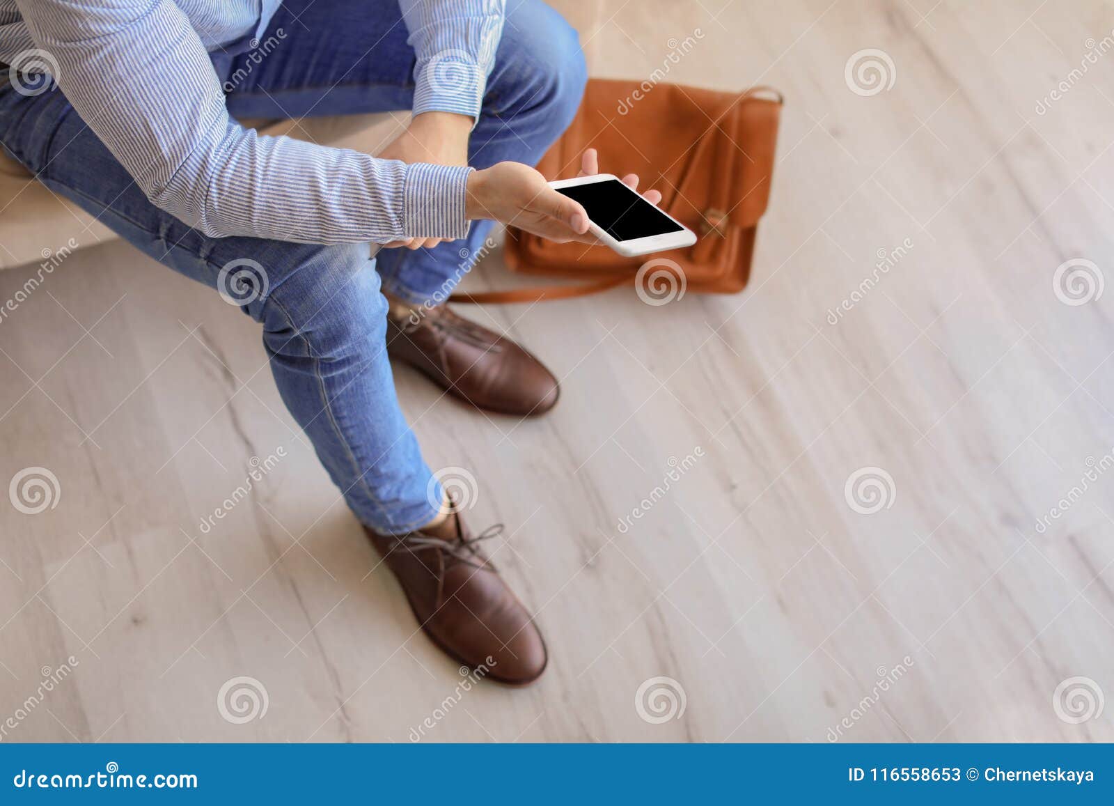 Man in Elegant Shoes Using Mobile Phone Stock Image - Image of casual ...